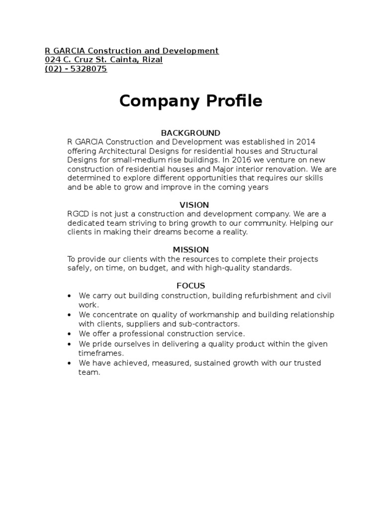 Construction Company Profile Sample Construction Company Profile