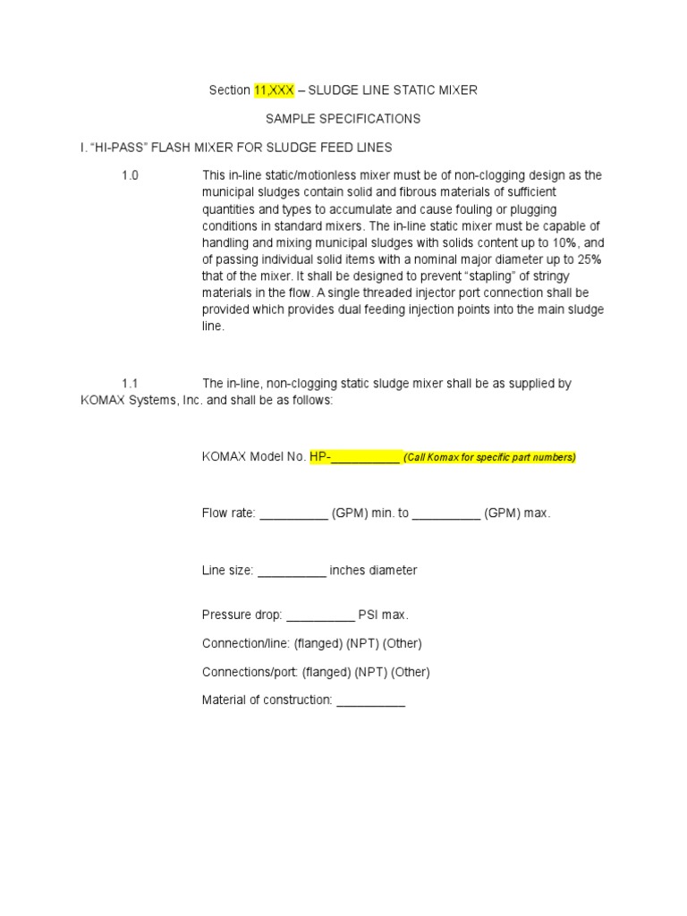 Sludge Mixer Specifications | PDF