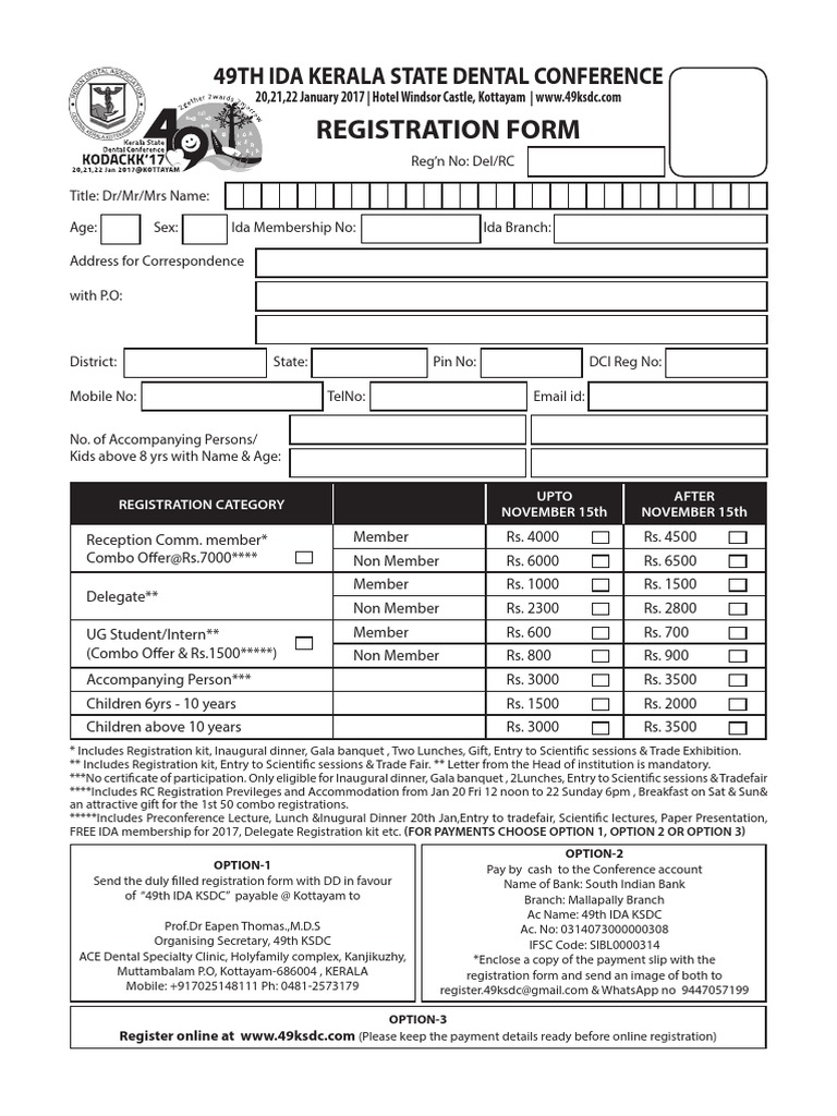Registration Form: 49Th Ida Kerala State Dental Conference | PDF | Business