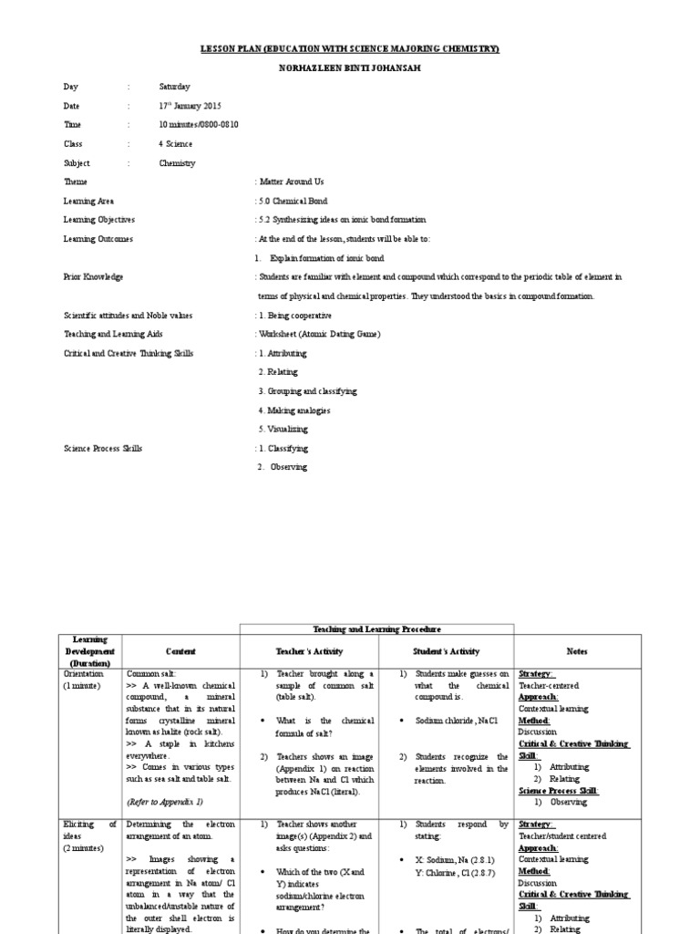 Lesson Plan-Ionic Bond | Download Free PDF | Ion | Sodium Chloride