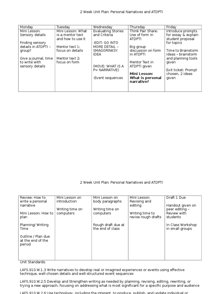 2 Week Unit Calendar 3333 | PDF | Narrative | Brainstorming