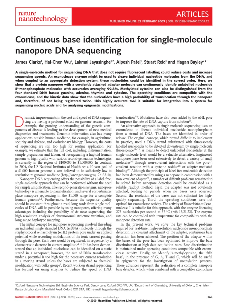 Continuous Base Identification For Single Molecule Nanopore Dna