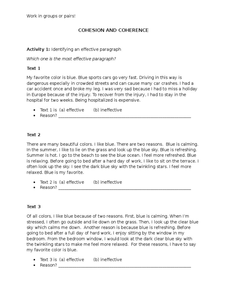 Coherence and Cohesion Activities | PDF | Language Arts & Discipline ...