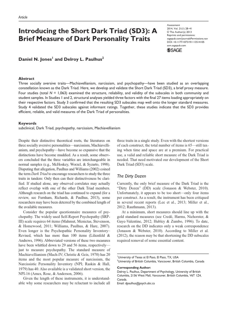 Introducing The Short Dark Triad (SD3) | PDF | Dark Triad | Psychopathy