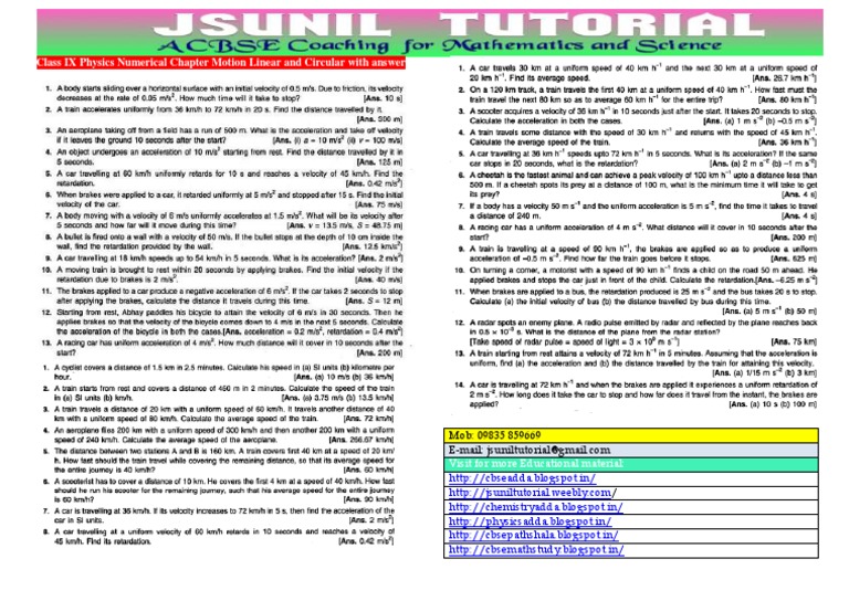 Class IX Physics Numerical Chapter Motion Linear and Circular With ...