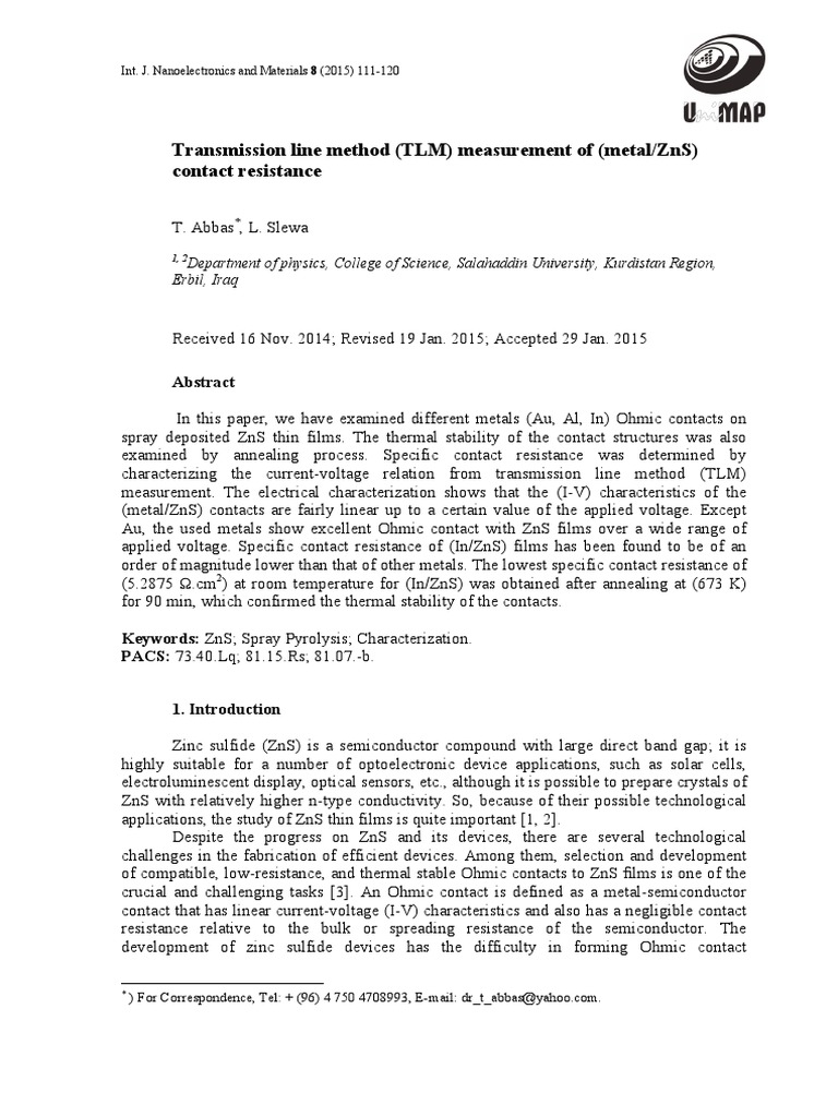 Transmission Line Method (TLM) Measurement of (Metal/Zns) Contact ...