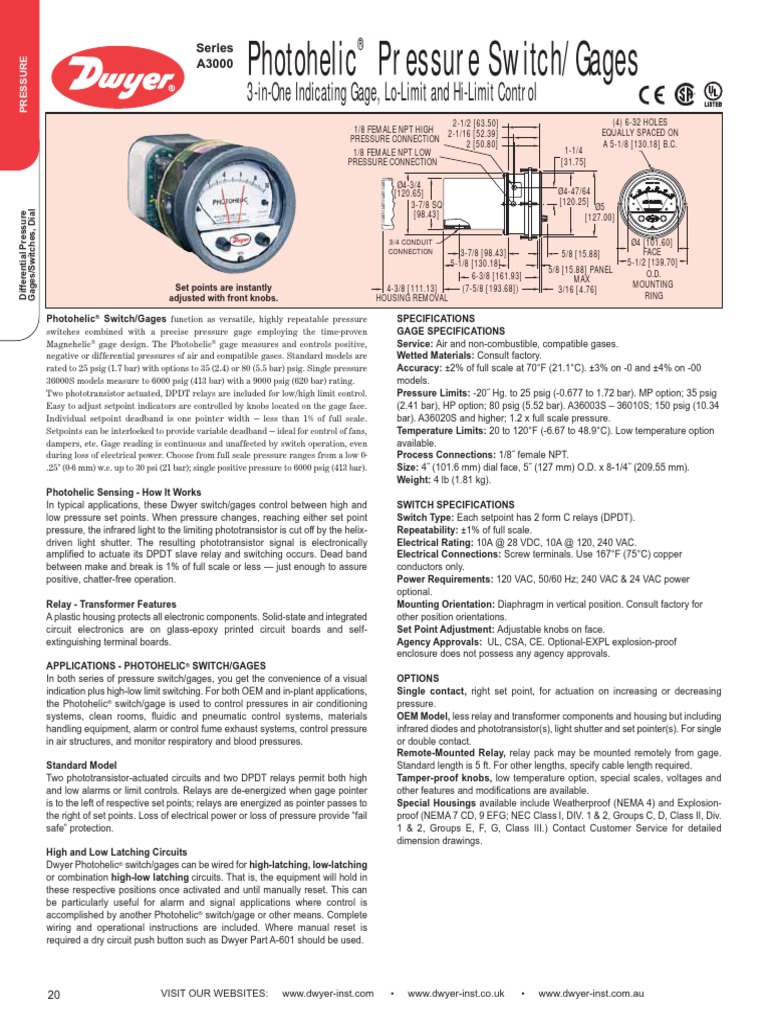 Photohelic Pressure Switch/Gages: 3-In-One Indicating Gage, Lo-Limit ...