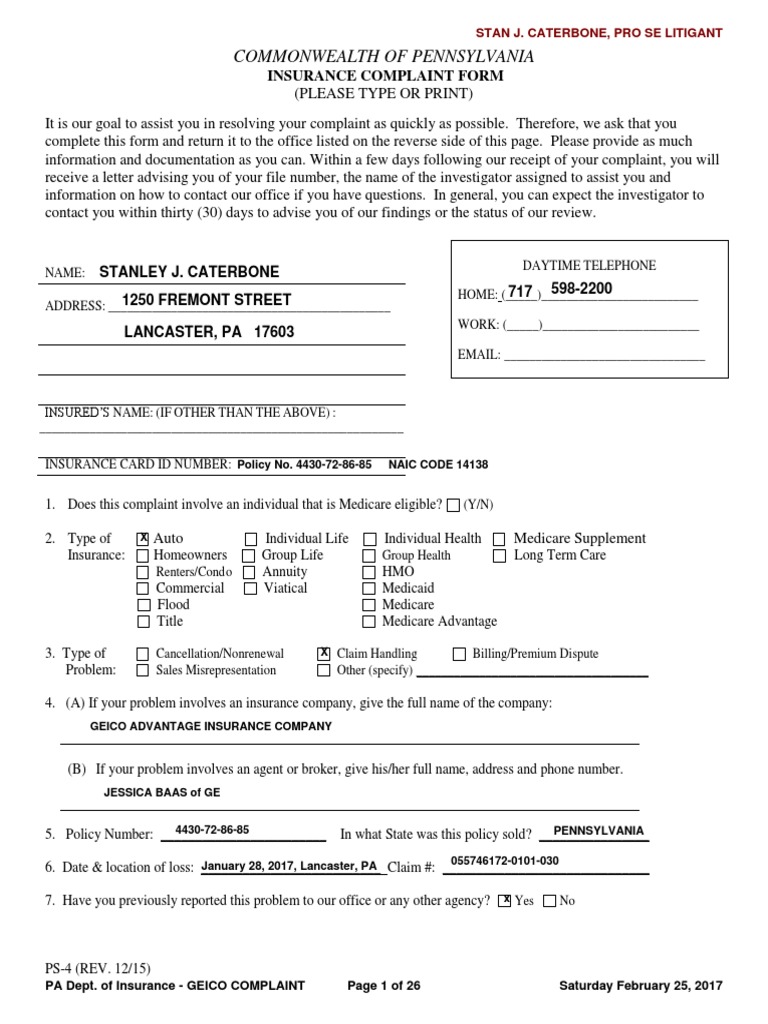 GEICO Insurance Complaint Form PA | PDF | Medicare (United States ...