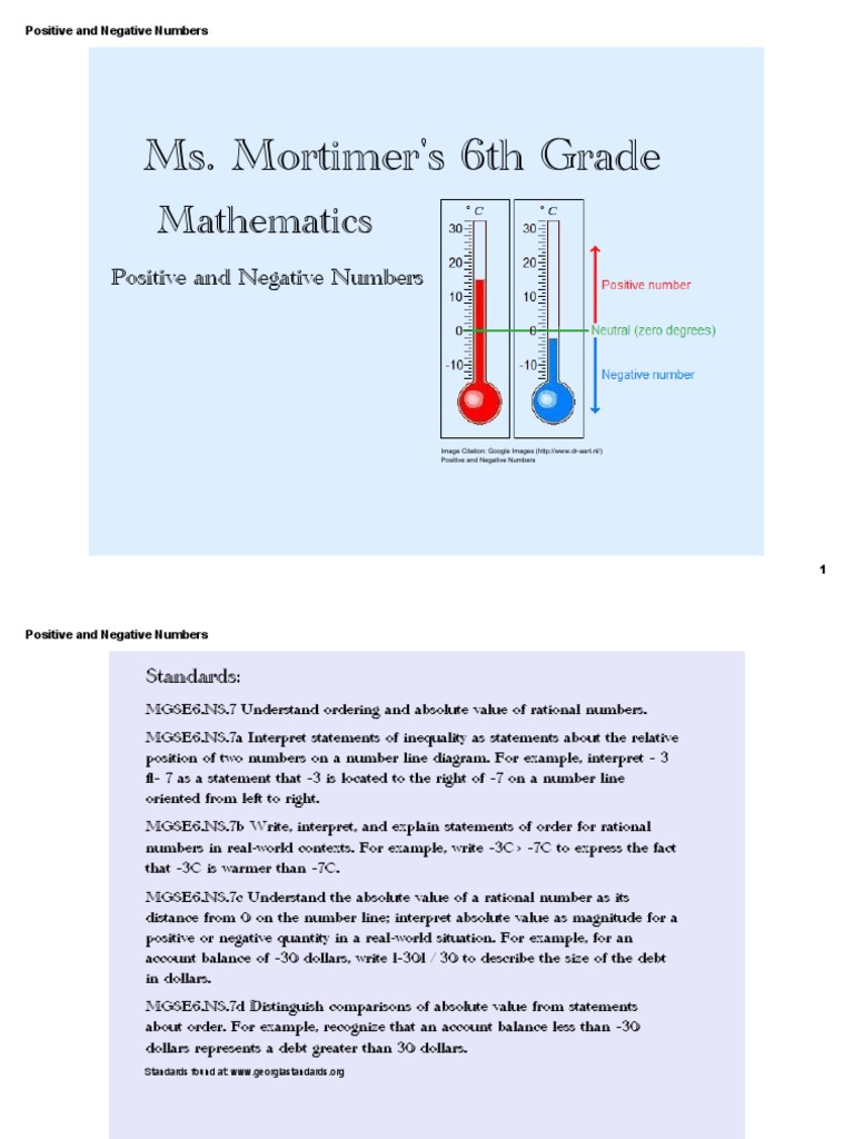 Pos and Negative Numbers | PDF | Elementary Mathematics | Teaching ...