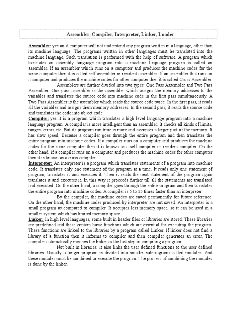 Assembler, Compiler, Interpreter, Linker, Loader | PDF