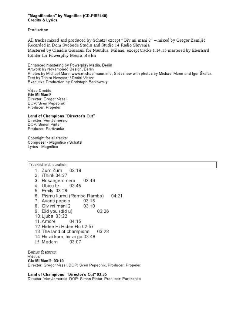 Magnifico Magnification LinerNotes | PDF | Music Technology | Sound