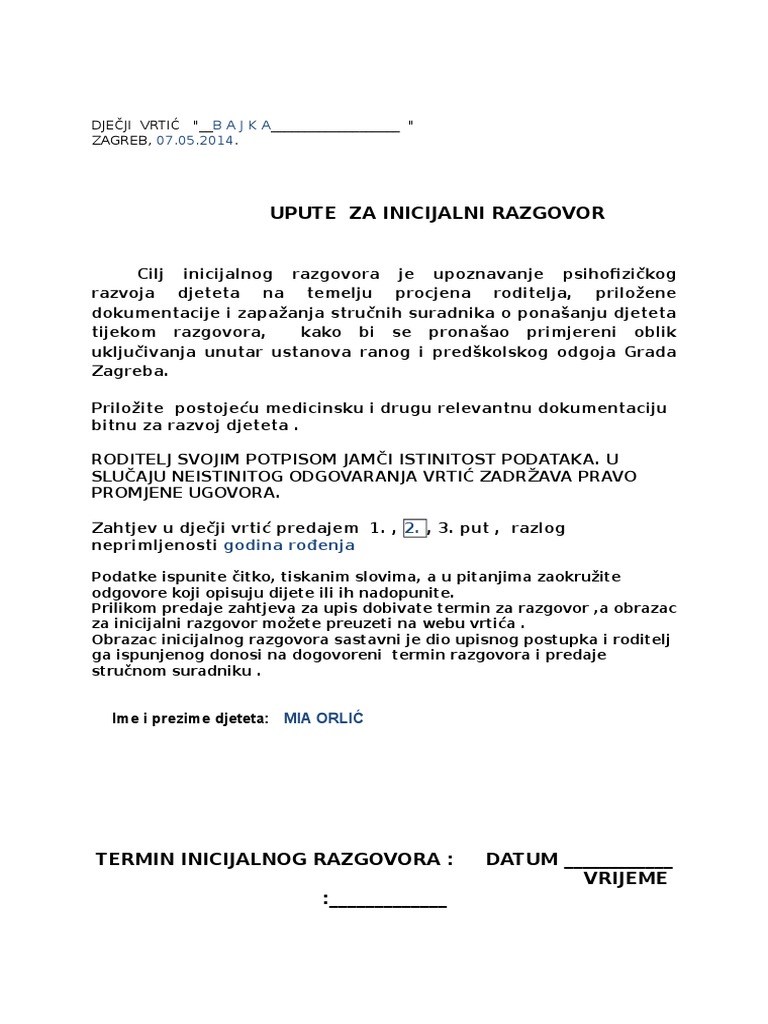 Inicijalni Razgovor - Obrazac | PDF