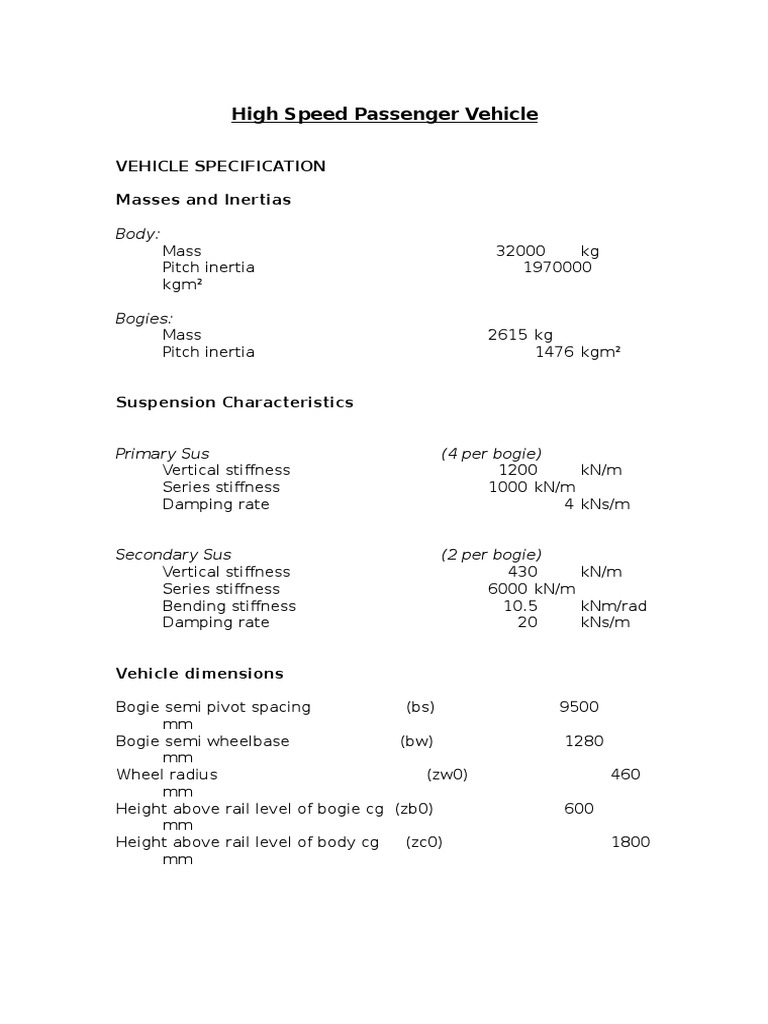 High Speed Passenger Vehicle: Vehicle Specification Masses and Inertias ...