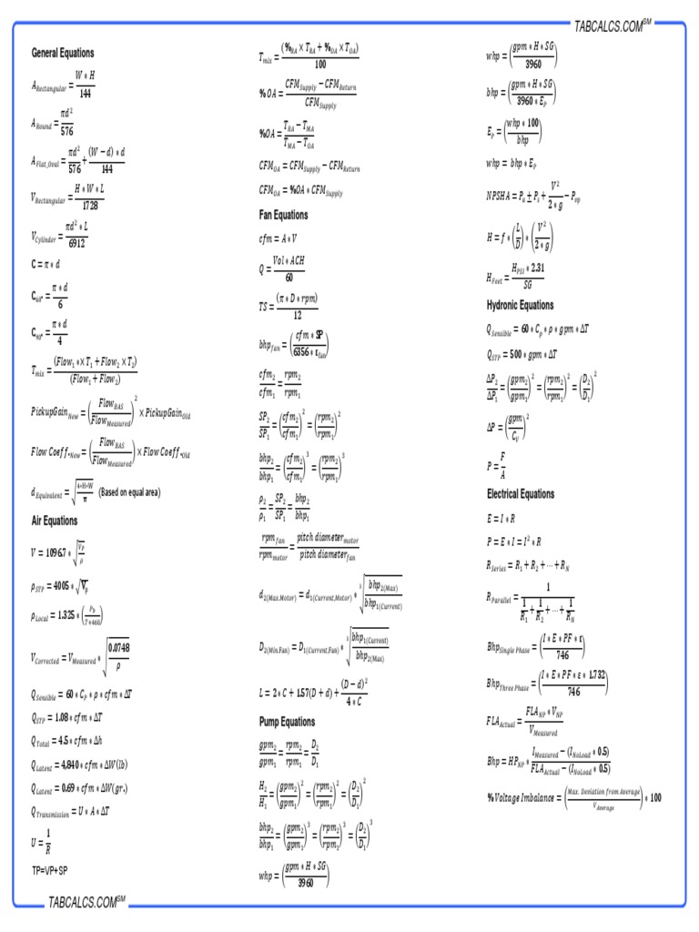 Air Balance Equation Sheet | PDF | Horsepower | Pressure