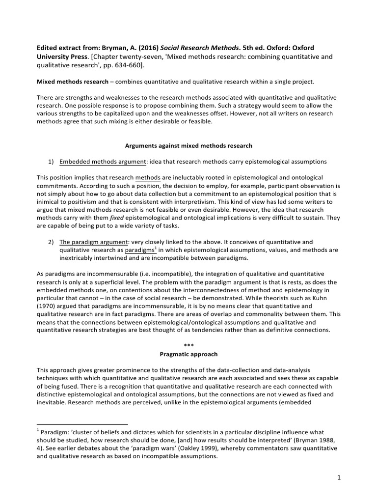 Bryman (2016) Mixed Methods Research - Edited Excerpt | PDF ...