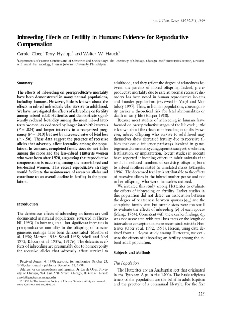 Inbreeding Effects On Fertility in Humans Evidence For Reproductive ...