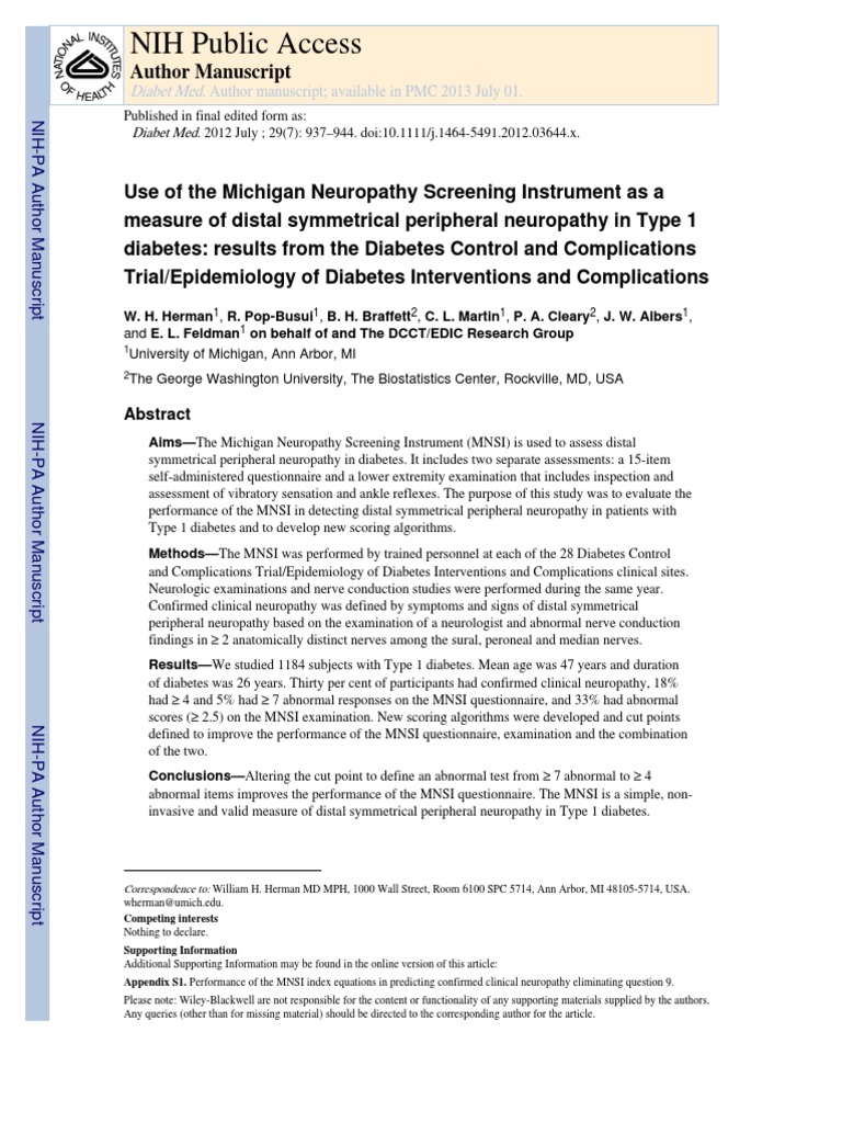 Use of The Michigan Neuropathy Screening Instrument-2012 | PDF ...