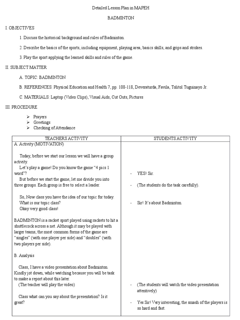 Grade 9 Badminton Lesson Plan | PDF | Lesson Plan | Quality Of Life