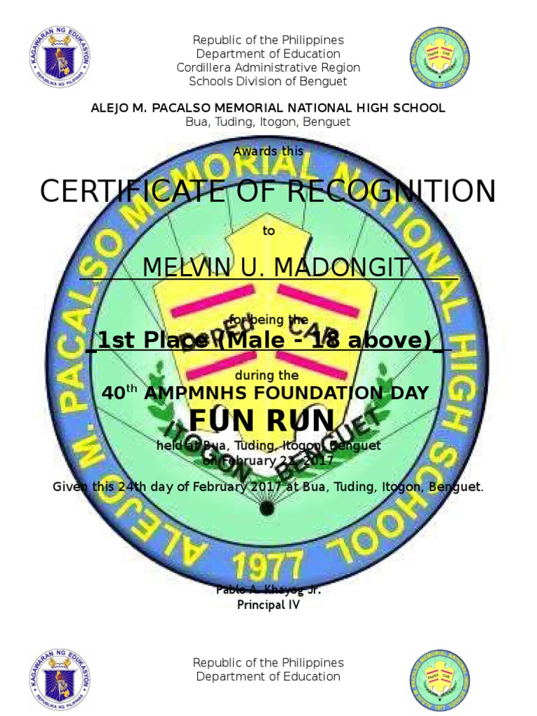 Certificate of Recognition Fun Run | PDF | Government Agencies ...