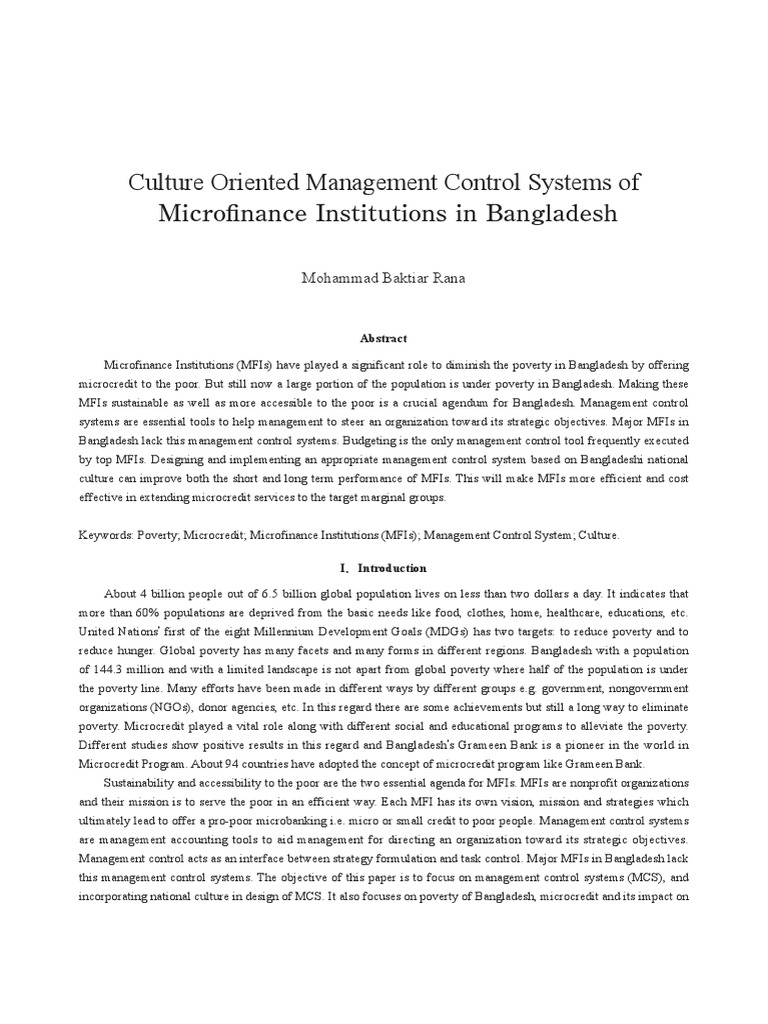 Management Control System of MFIs | PDF | Microcredit | Microfinance