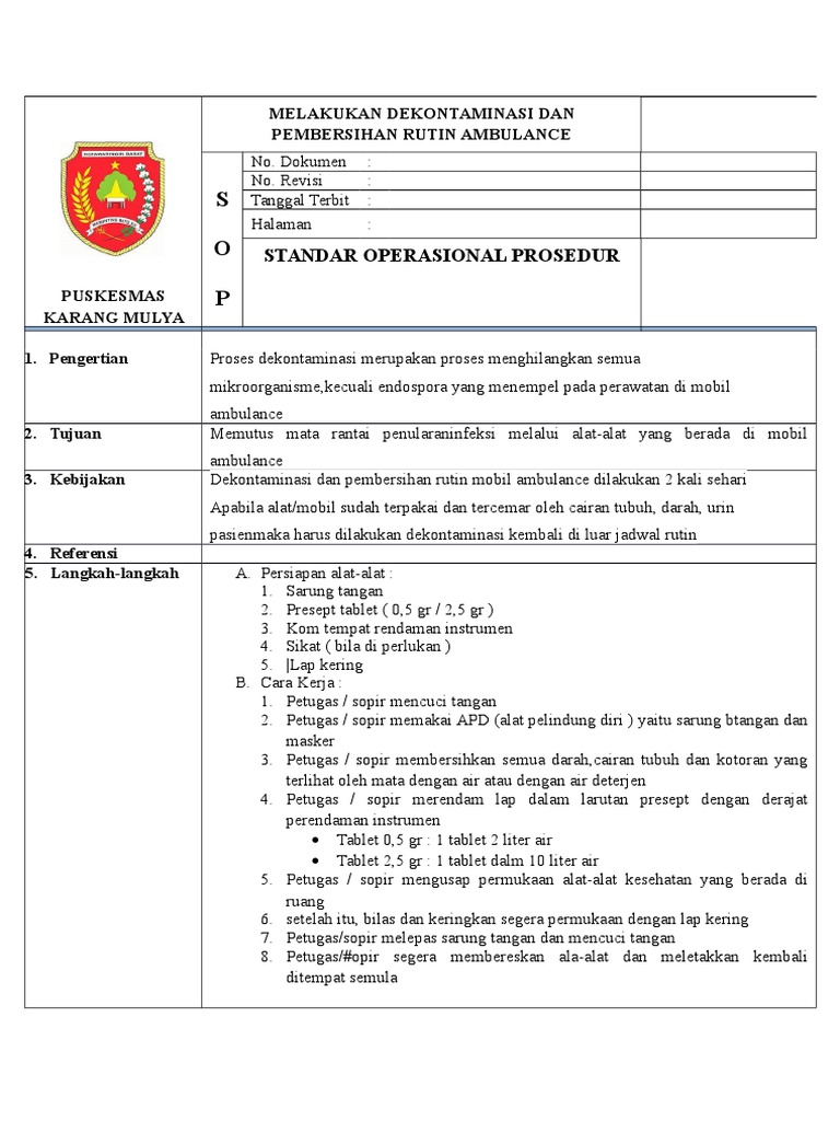 Sop Melakukan Dekontaminasi Dan Pembersihan Rutin Ambulance | PDF