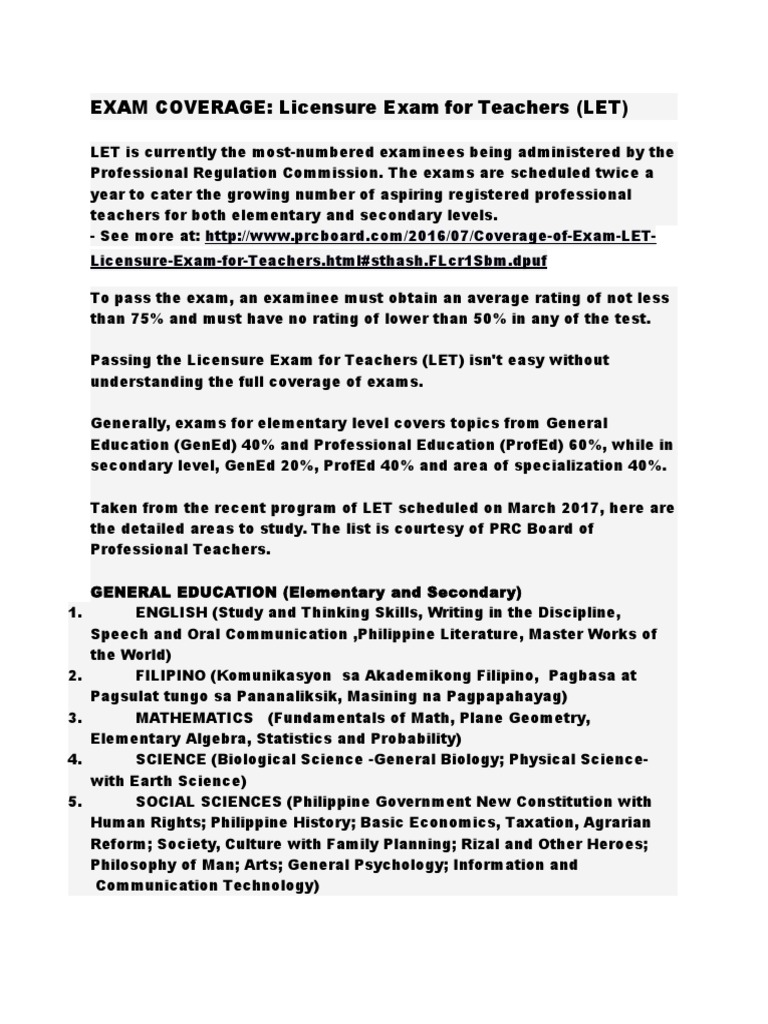 EXAM COVERAGE: Licensure Exam For Teachers (LET) | PDF