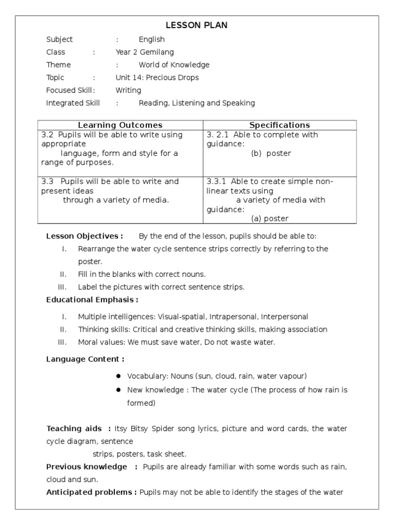 LESSON PLAN Writing Water Cycle | PDF | Lesson Plan ...
