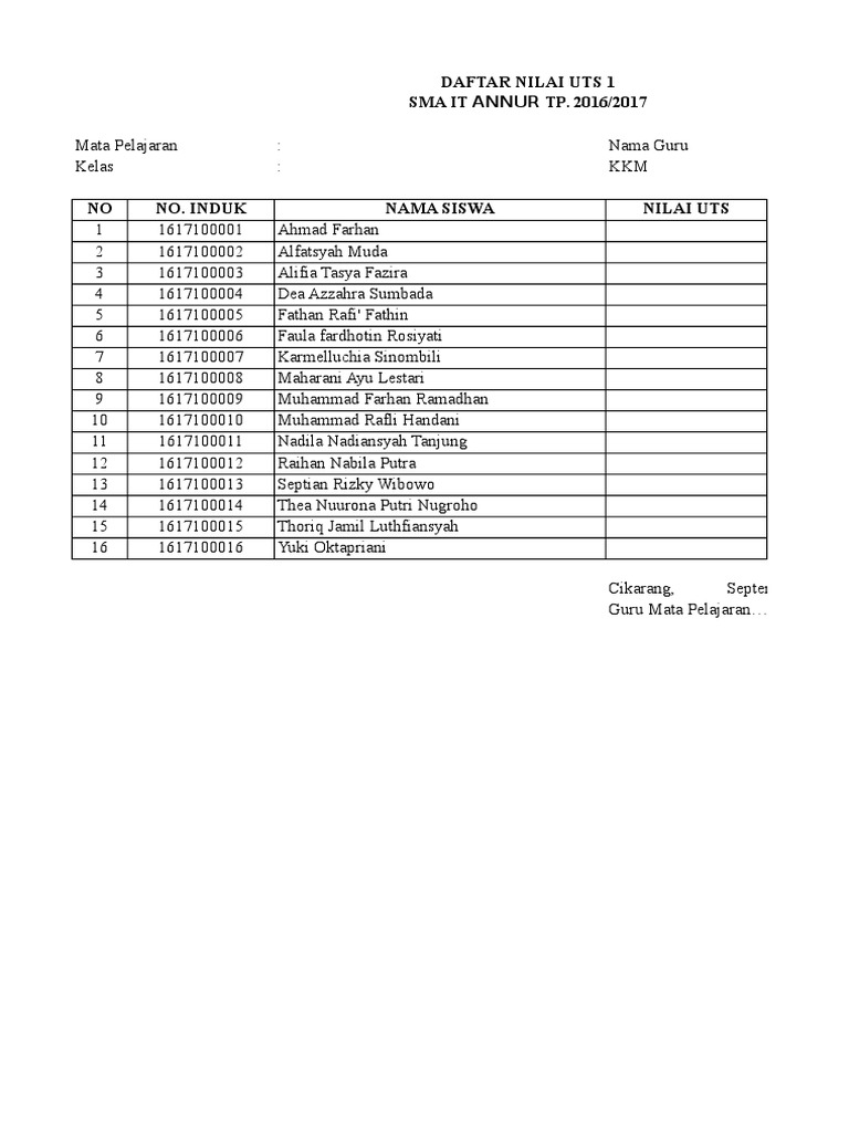 Form Daftar Nilai Uts | PDF