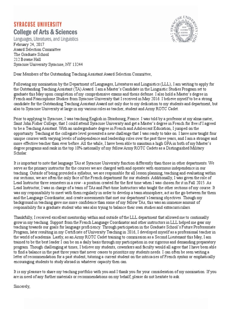 TA Award Application Letter | PDF | Teaching Assistant | Graduate School