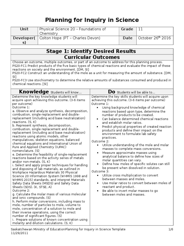physical science 20 - lesson plan old | Mole (Unit) | Stoichiometry