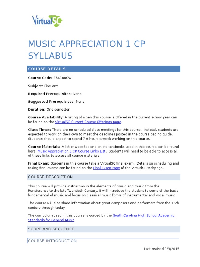 Music Appreciation Course Syllabus | PDF | Songs | Classical Music