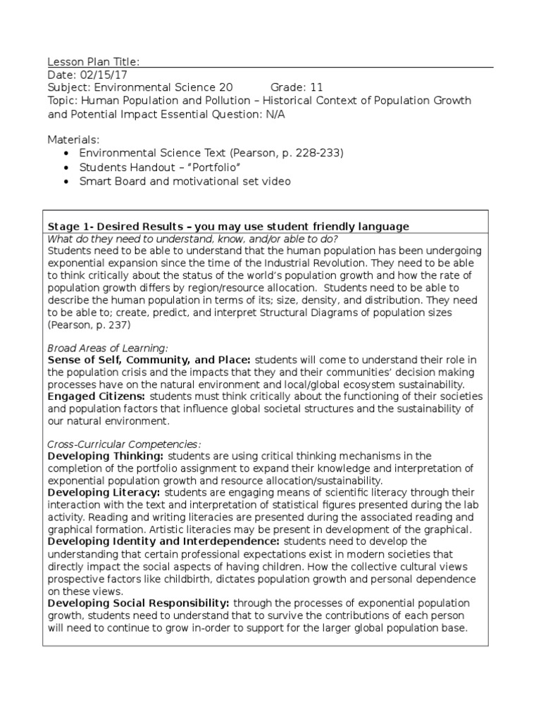 Environmental Science 20 - Portfolio 1 Lesson Plan | PDF | Educational ...