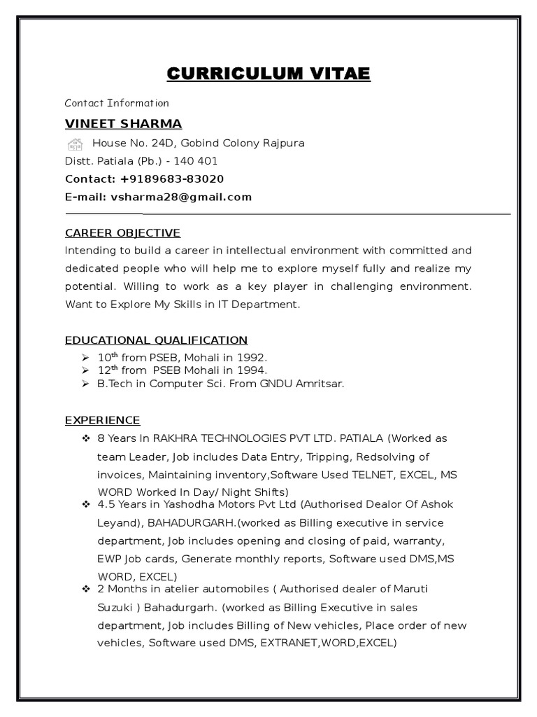 Curriculum Vitae: Vineet Sharma | PDF