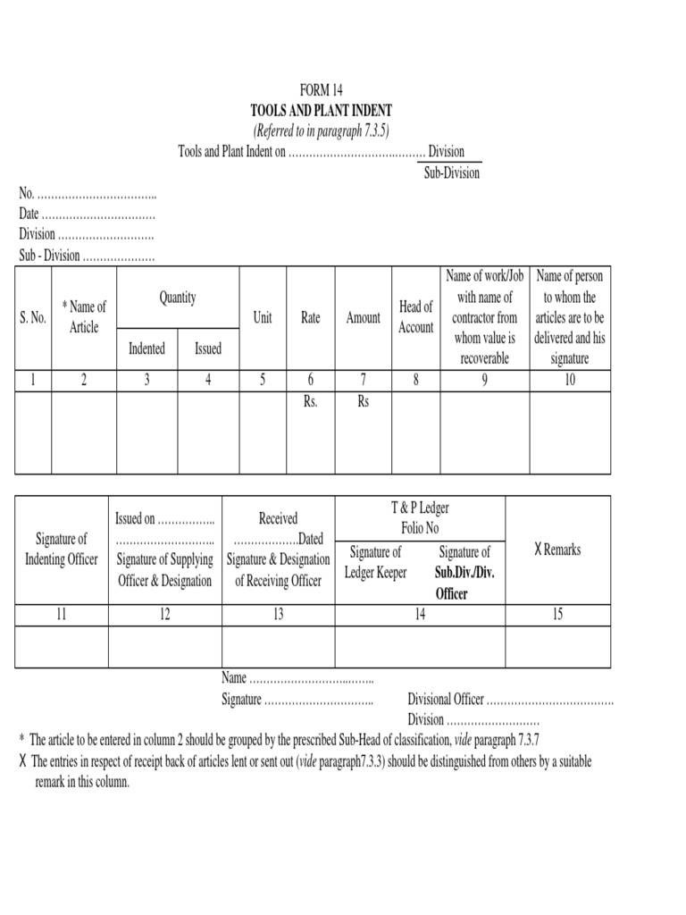Tools and Plant Indent Form Documenting the Request, Issuance, and ...