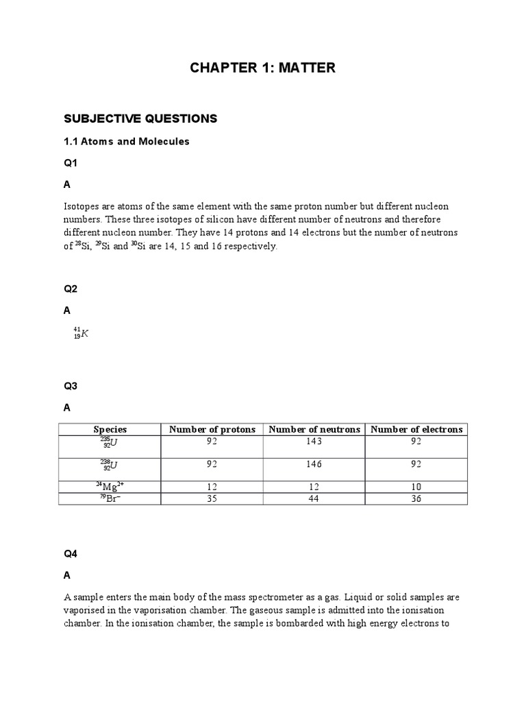 Answer Chapter 1 Matter | PDF | Mole (Unit) | Chemical Elements