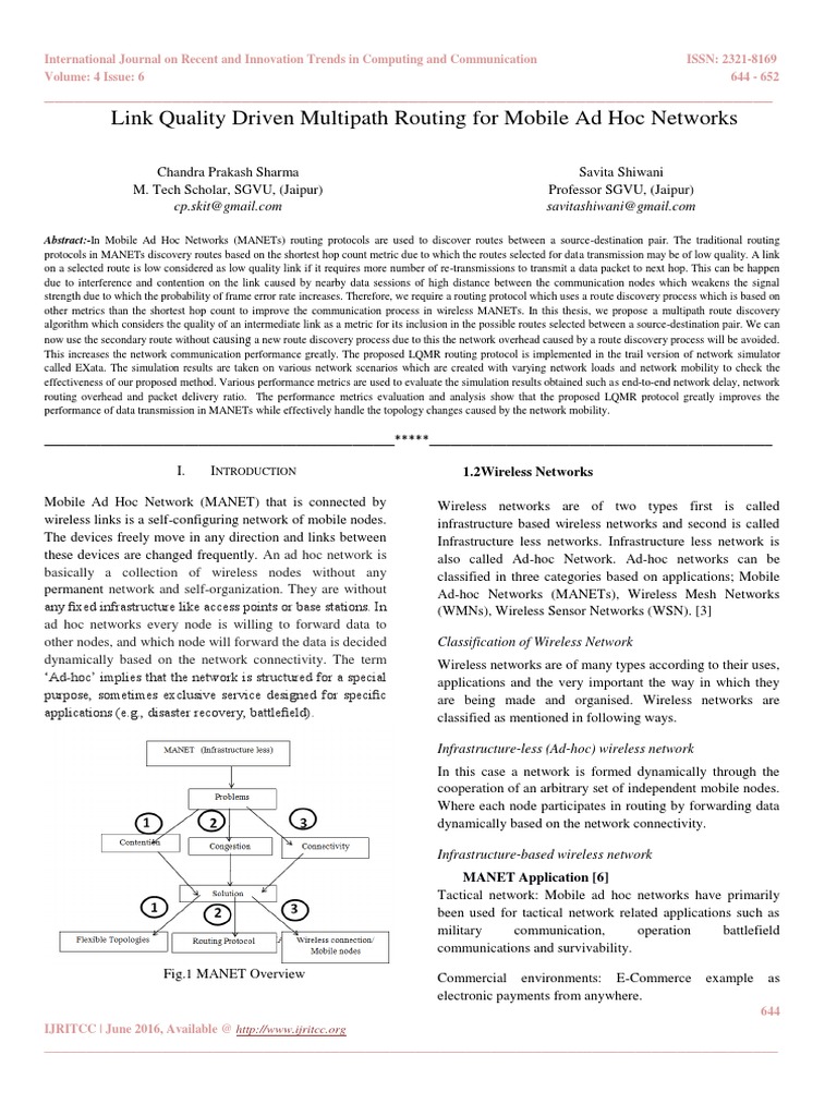 Link Quality Driven Multipath Routing For Mobile Ad Hoc Networks | PDF