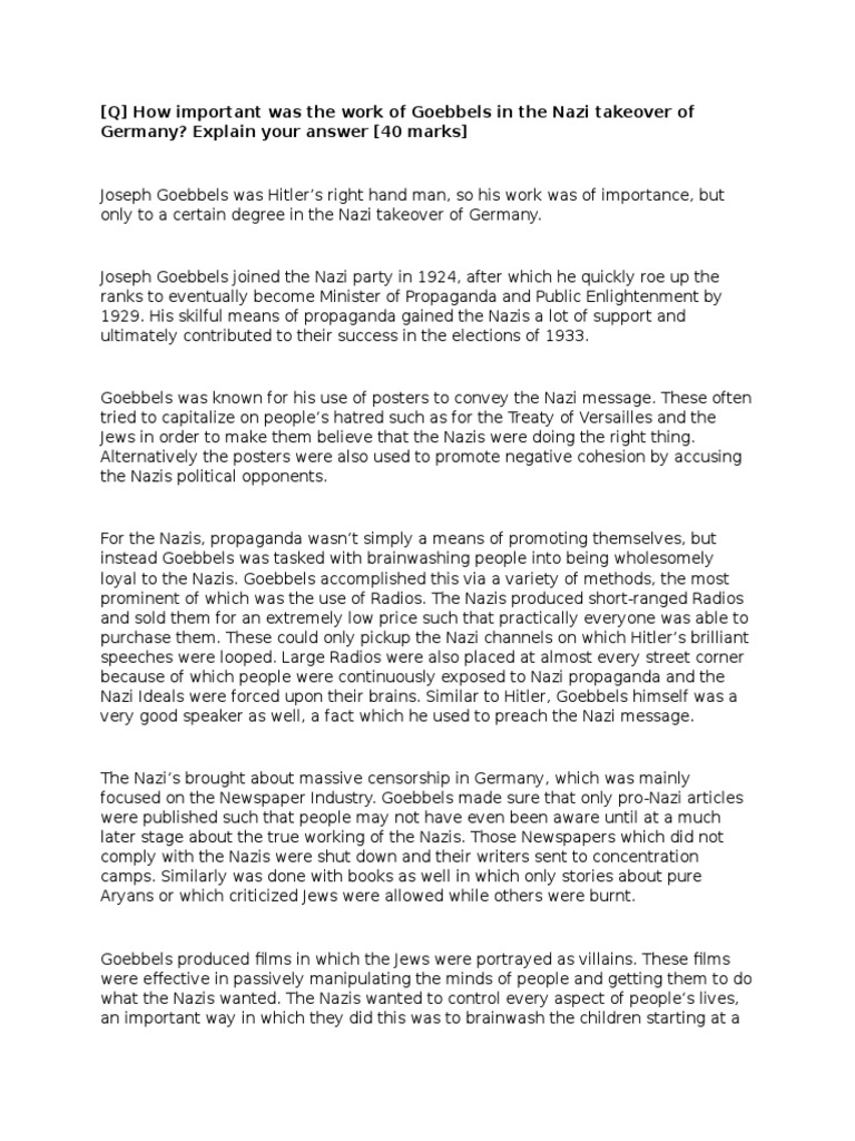 IGCSE History Paper 4 Sample Answer Nazi Party Joseph Goebbels