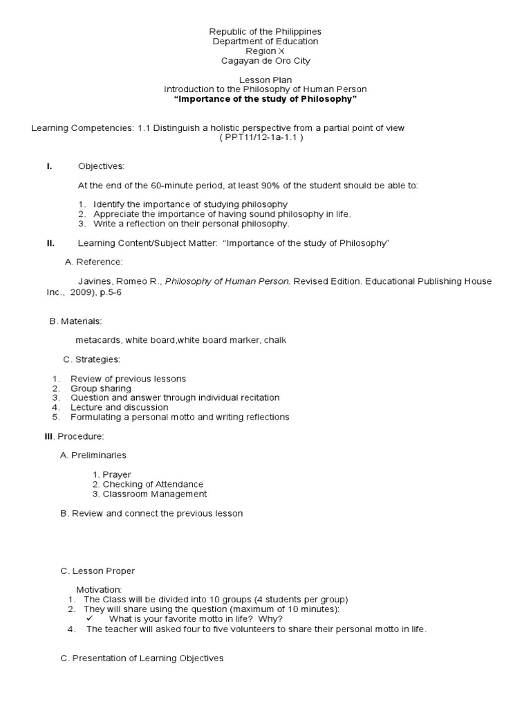 Lesson Plan in Philosophy | PDF | Lesson Plan | Cognition