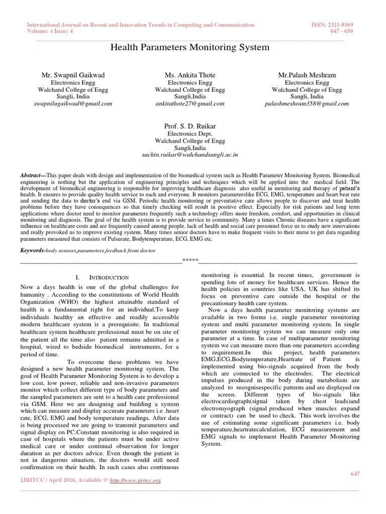 Health Parameters Monitoring System | PDF | Monitoring (Medicine ...