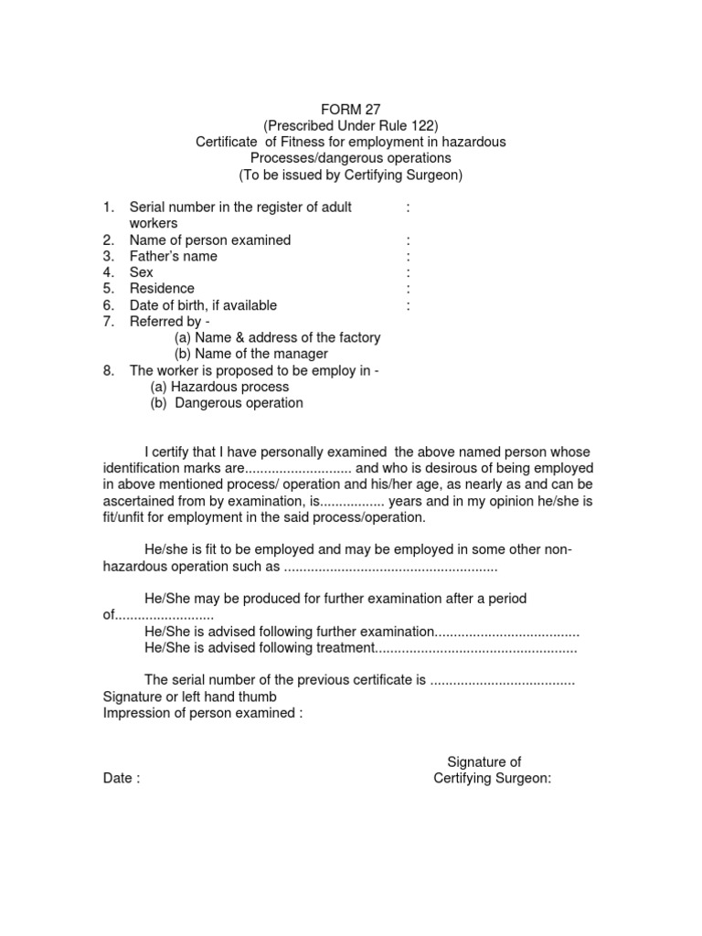 FORM 27 - Certificate of Fitness For Employment in Hazardous Processes ...