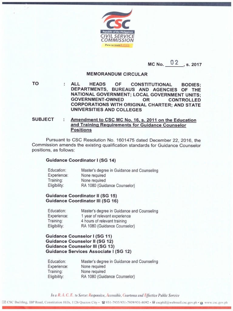 MC No. 02, S. 2017 Amendment To CSC MC No. 16, S. 2011 On The Education ...