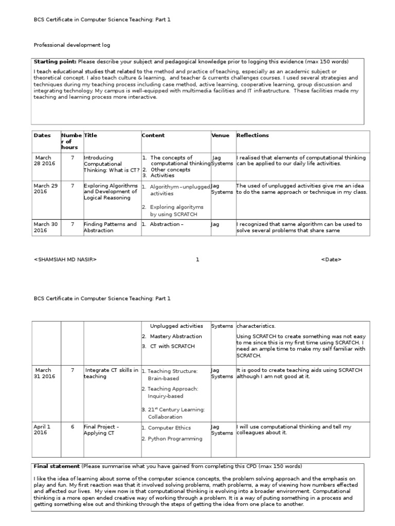 Professional Development Log | PDF | Thought | Algorithms