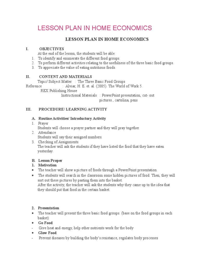 Lesson Plan in Home Economics | PDF