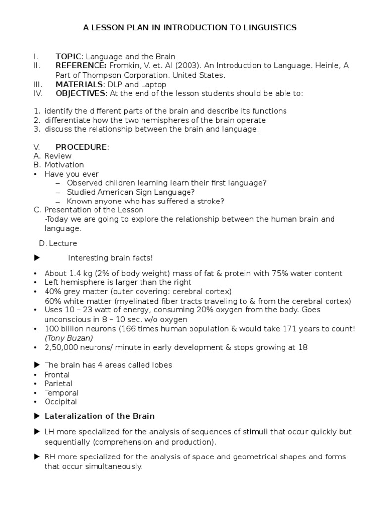 A Lesson Plan in Introduction To Linguistics | PDF | Aphasia | Neuroanatomy