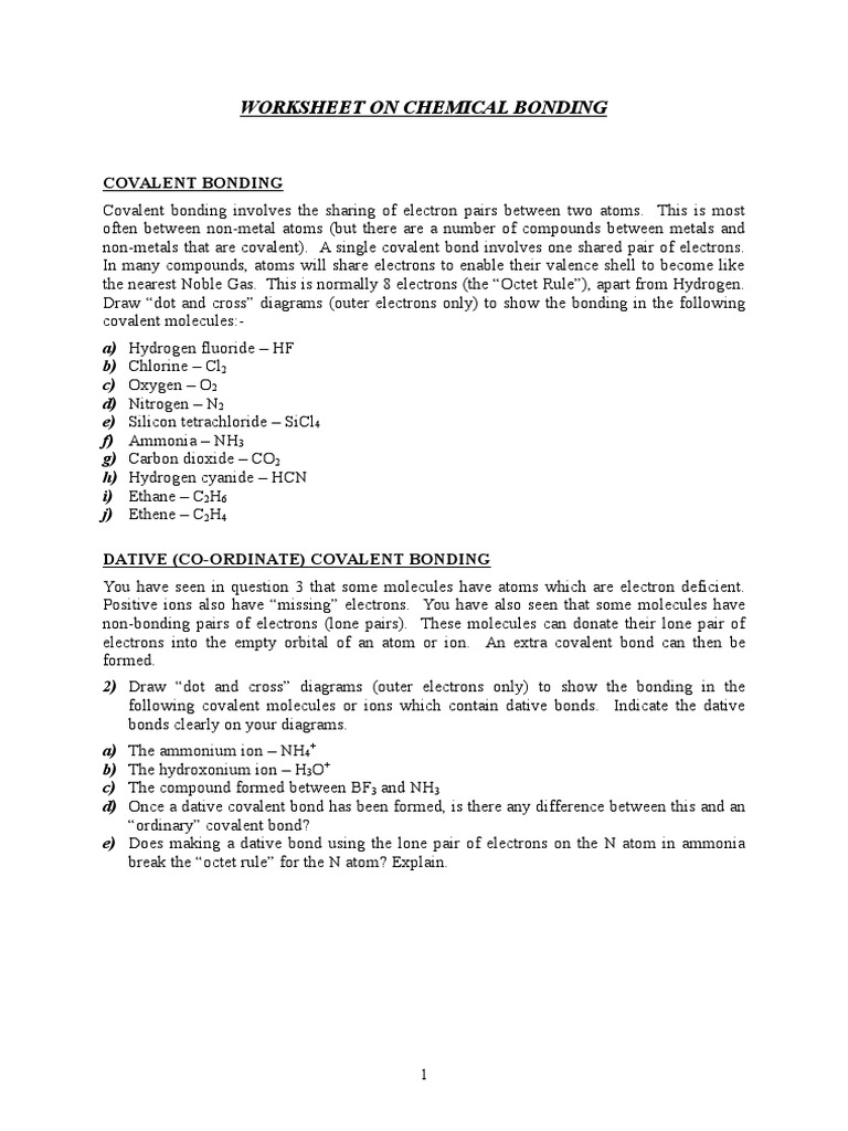 Worksheet On Chemical Bonding | PDF