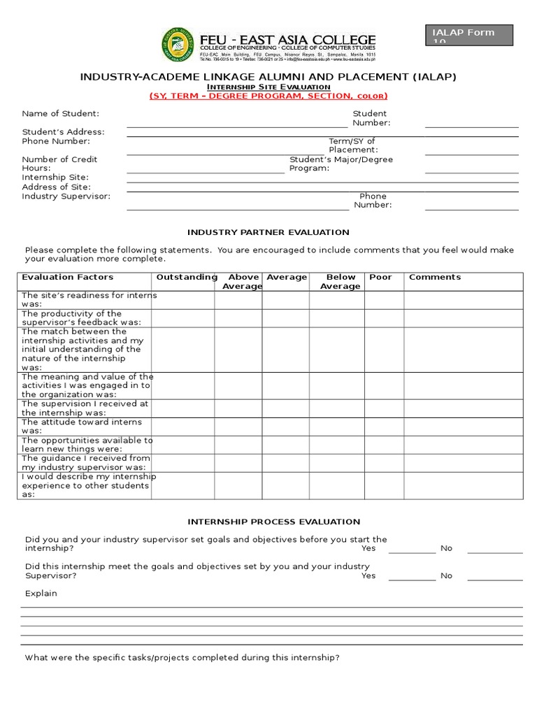 Form 10 - Internship Site Evaluation | PDF | Internship | Job Hunting