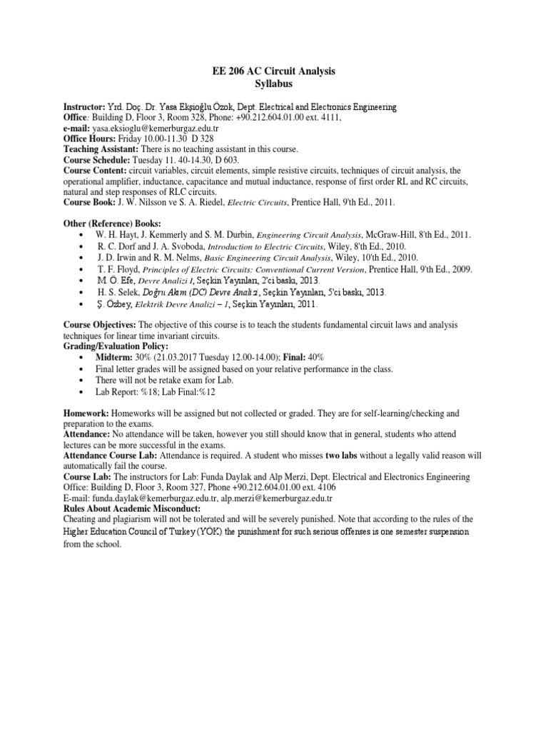 EE 206 AC Circuit Analysis Syllabus | PDF | Electrical Network | Academic Dishonesty