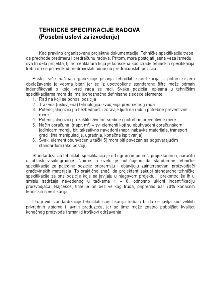 Tehnicke Specifikacije Radova | PDF