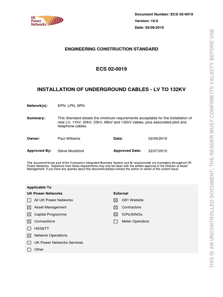 ECS 02-0019 Installation of Underground Cables - LV To 132kV PDF | PDF ...