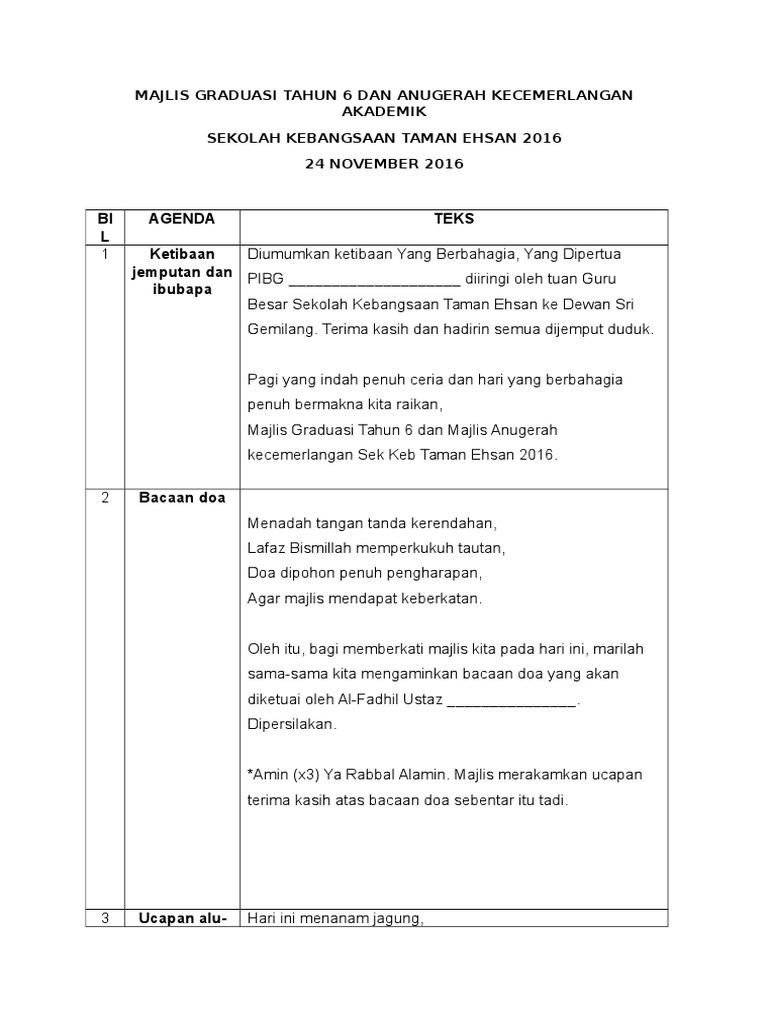 Teks Pengacara Majlis Graduasi Tahun 6 Dan Anugerah Kecemerlangan Akademik | PDF